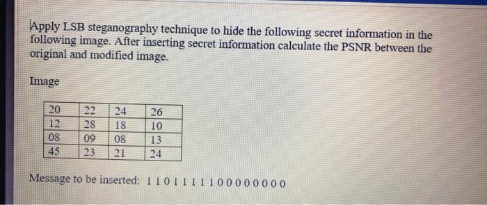 Apply LSB steganography technique to hide the | Chegg.com
