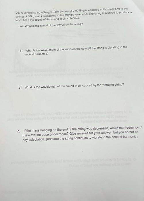 Solved 20. A vertical string of length 2.0m and mass | Chegg.com