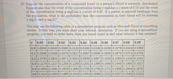 Solved (9) Suppose the concentration of a compound found in | Chegg.com