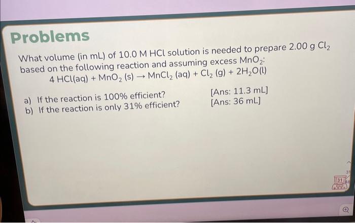 Solved What volume (in mL ) of 10.0MHCl solution is needed | Chegg.com