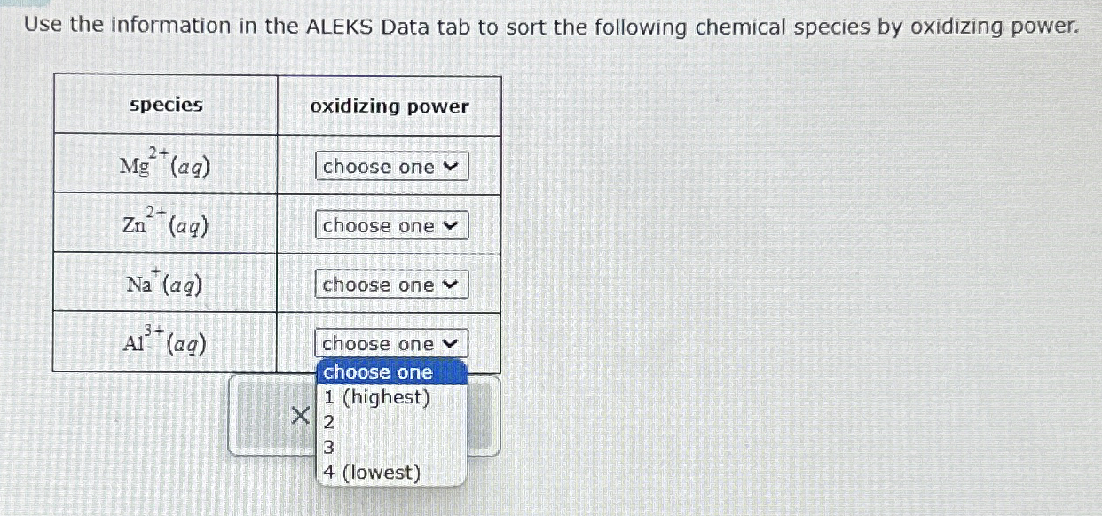 Solved Use the information in the ALEKS Data tab to sort the | Chegg.com