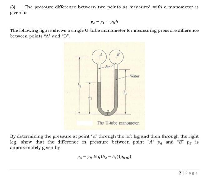 Solved (3) The pressure difference between two points as | Chegg.com