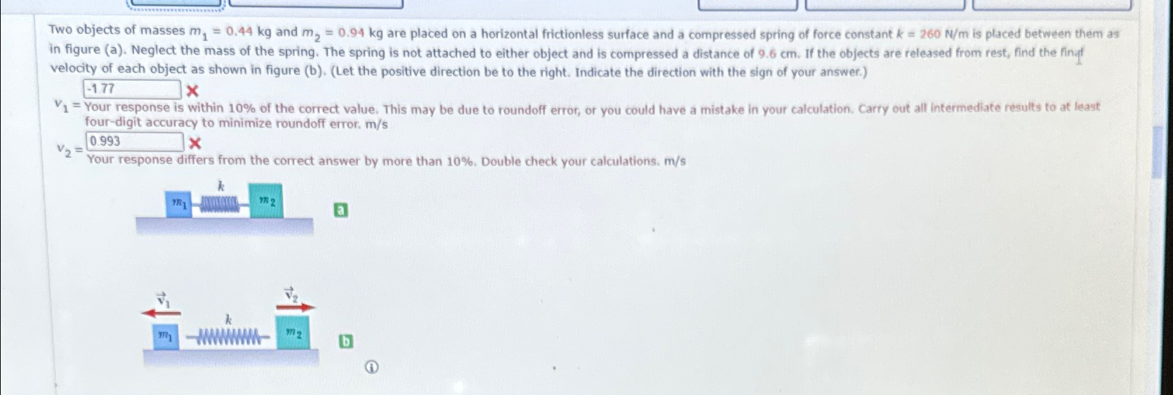 Solved Two objects of masses m1=0.44kg ﻿and m2=0.94kg ﻿are | Chegg.com