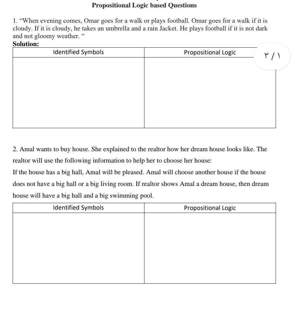 Solved Propositional Logic based Questions 1. "When evening | Chegg.com