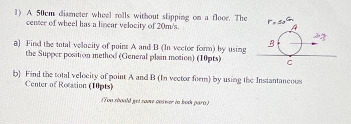 Solved 1) A 50 cm diameter wheel rolls without slipping on a | Chegg.com