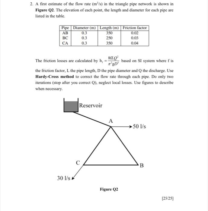 2. A first estimate of the flow rate (m3/s) in the | Chegg.com