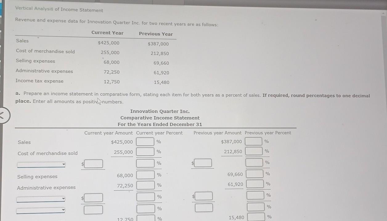 Solved Vertical Analysis of Income Statement Revenue and | Chegg.com