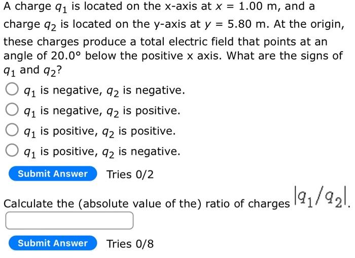 Solved A charge q1 is located on the x-axis at x=1.00 m, and | Chegg.com