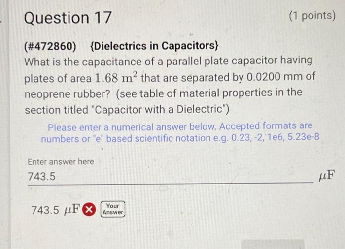 Solved Question 17 (#472860) (Dielectrics in Capacitors} | Chegg.com