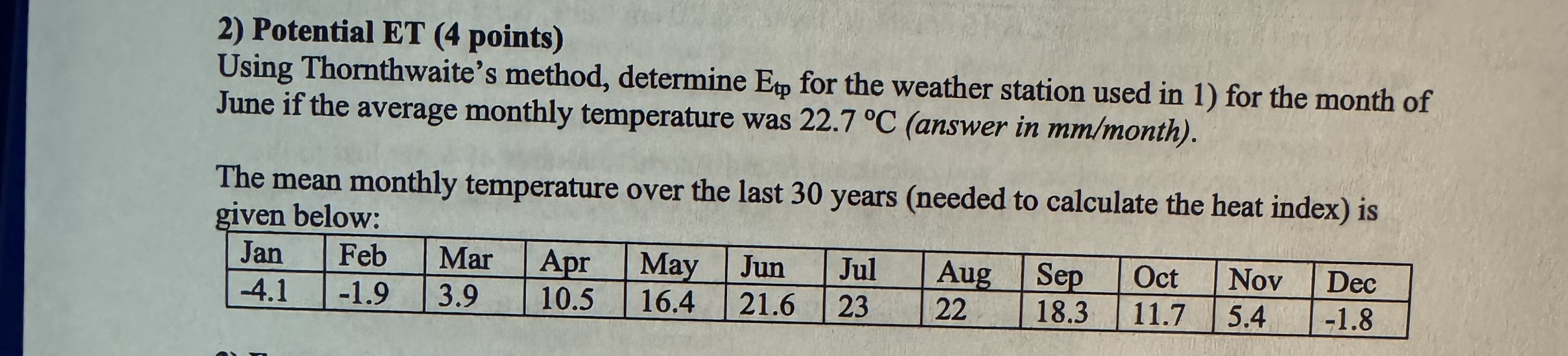 Solved Potential ET (4 ﻿points)Using Thornthwaite's method, | Chegg.com
