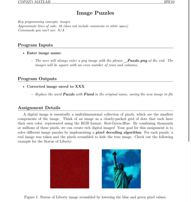 COP2271 MATLAB HW10 Image Puzzles Key programming | Chegg.com