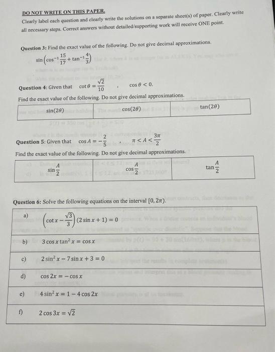 Solved DO NOT WRITE ON THIS PAPER. Clearly label each | Chegg.com