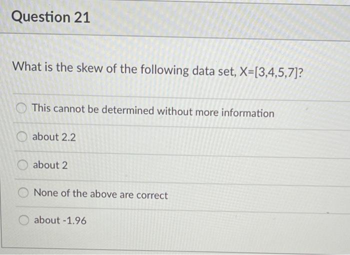 Solved Question 21 What is the skew of the following data | Chegg.com