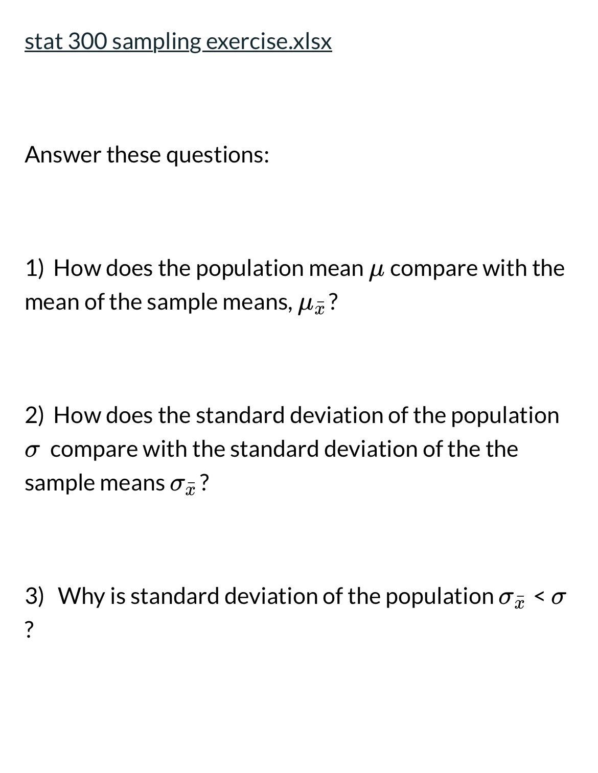Solved stat 300 ﻿sampling exercise.xIsxAnswer these | Chegg.com