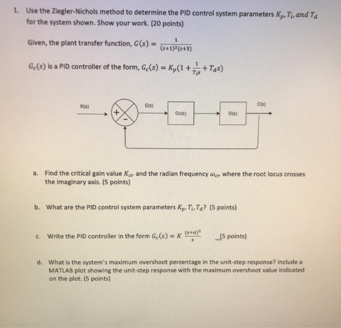 Solved 1. Use the Ziegler-Nichols method to determine the | Chegg.com