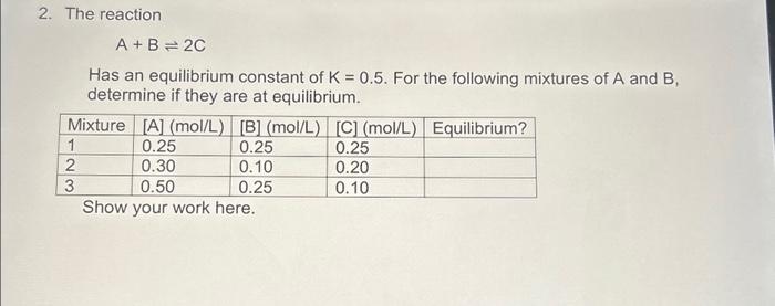 Solved 2. The reaction A+B= 2C Has an equilibrium constant | Chegg.com