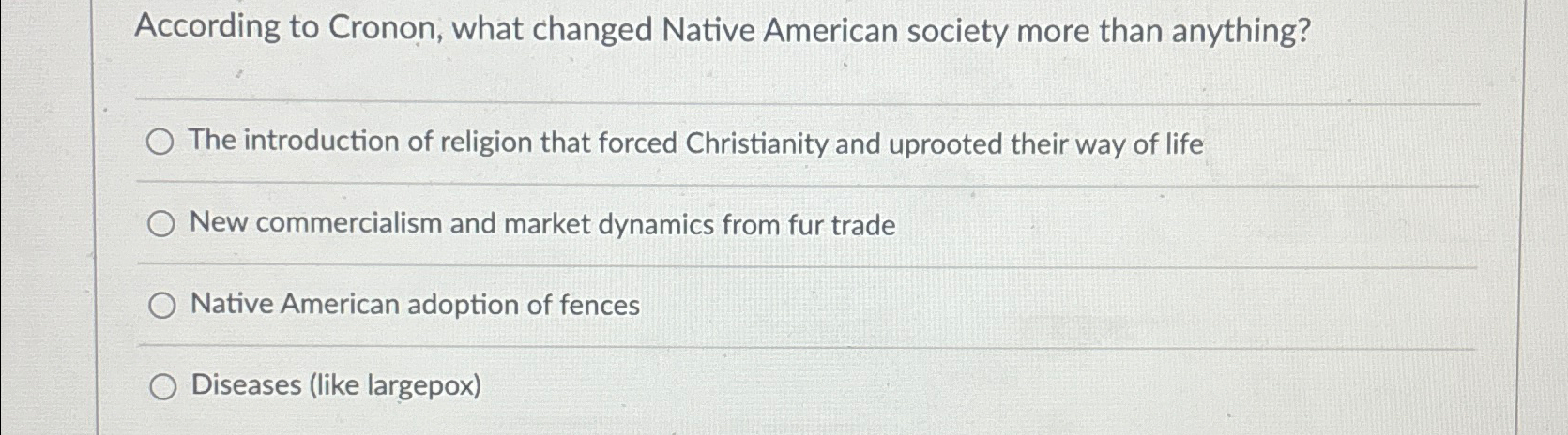 Solved According to Cronon, what changed Native American | Chegg.com