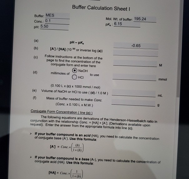 Solved Buffer: MES Mol. Wt of buffer: 195.24 Conc: 0.1 pH: | Chegg.com