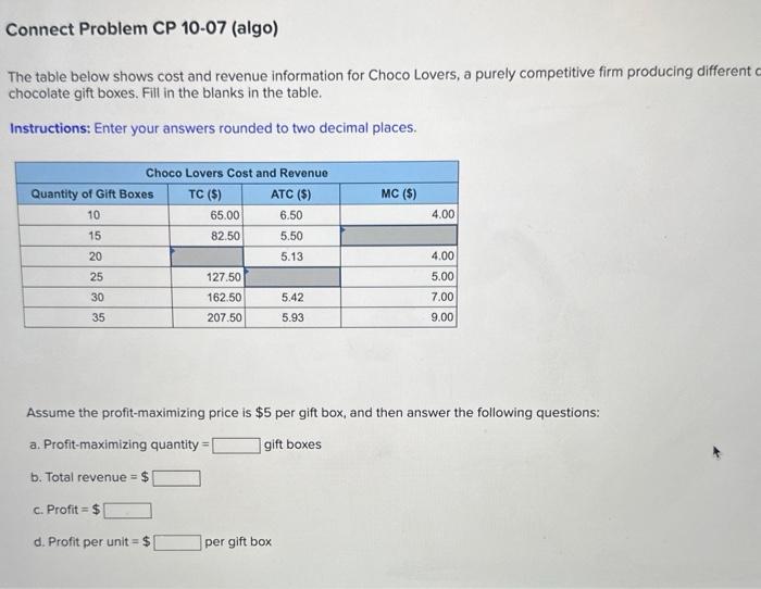 Solved Connect Problem CP 10-07 (algo) The table below shows | Chegg.com
