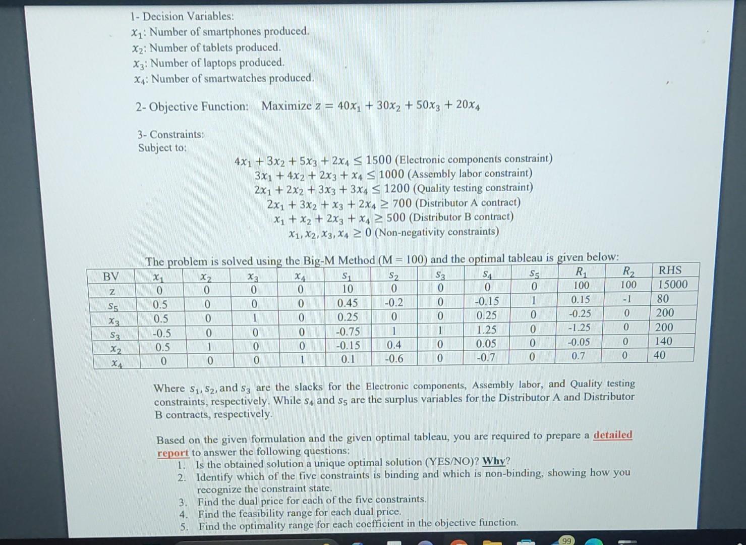 Solved 1- Decision Variables: x1 : Number of smartphones | Chegg.com