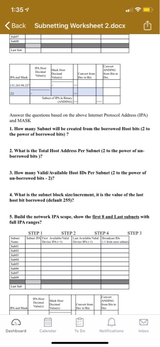Solved 1:35 Back Subnetting Worksheet 2.docx SI Subs IPA | Chegg.com