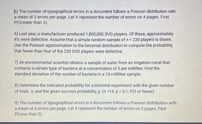 Solved 5) The number of typographical errors in a document | Chegg.com