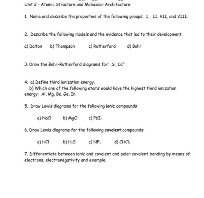 Solved Unit 2 - Atomic Structure and Molecular Architecture | Chegg.com