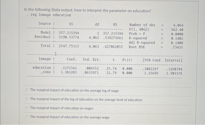 Solved In the following Stata output, how to interpret the | Chegg.com