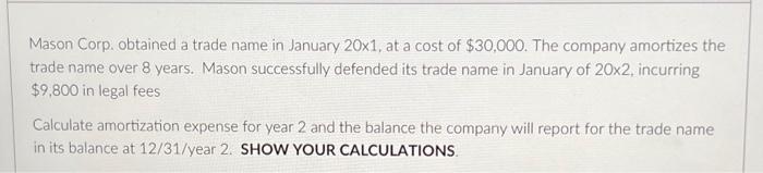 Solved Mason Corp. obtained a trade name in January 20×1, at | Chegg.com