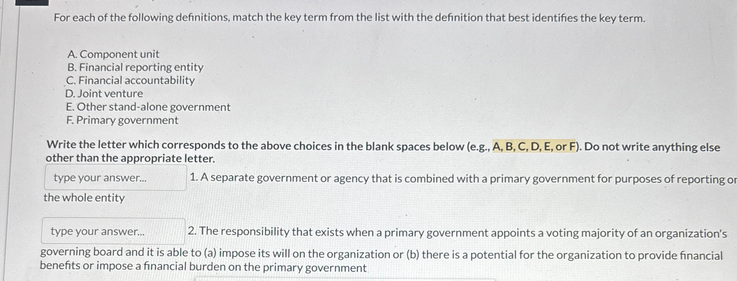 Solved For each of the following definitions, match the key | Chegg.com