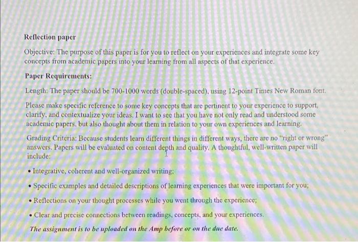 Solved Reflection paper Objective: The purpose of this paper | Chegg.com