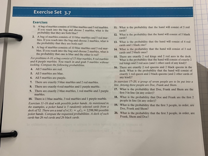 Solved Exercise Set 3.7 Exercises 1. A bag of marbles | Chegg.com