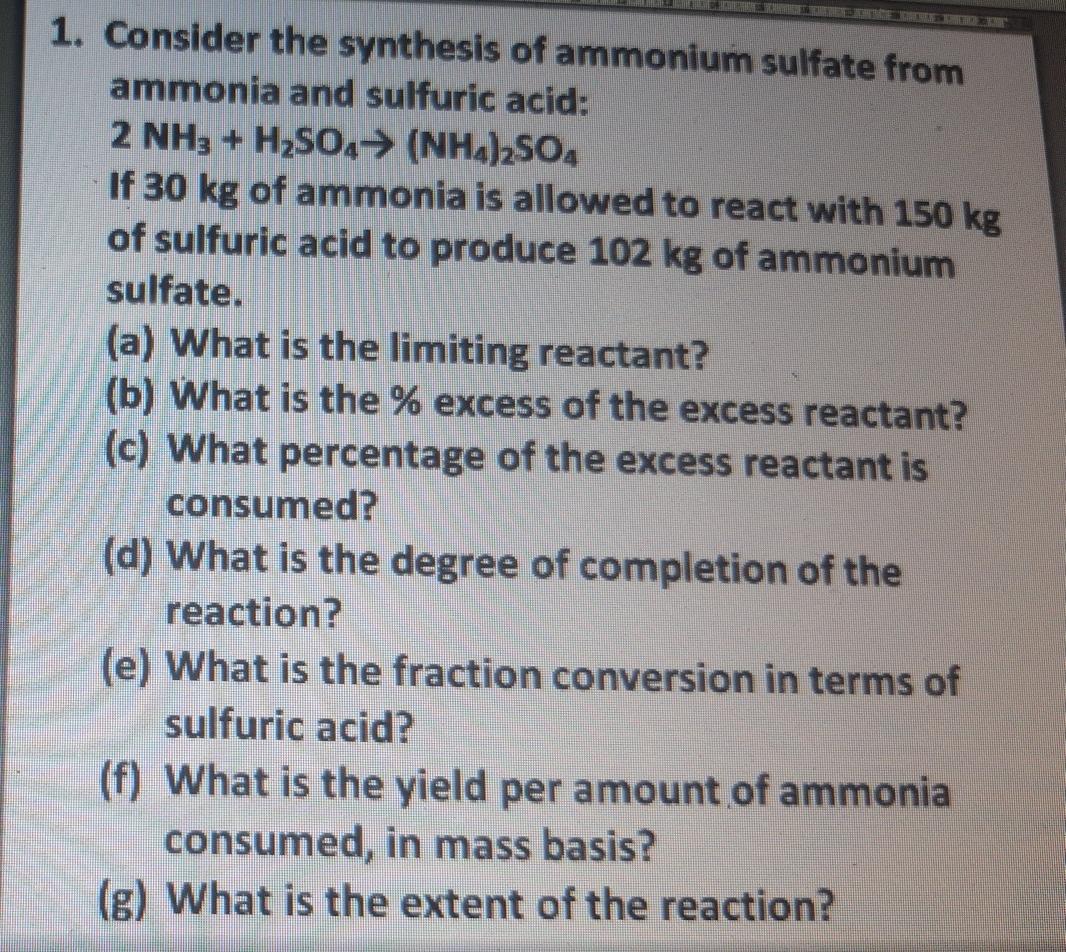 Solved 1. Consider the synthesis of ammonium sulfate from | Chegg.com
