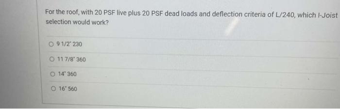 Solved For the roof, with 20 PSF live plus 20 PSF dead loads | Chegg.com