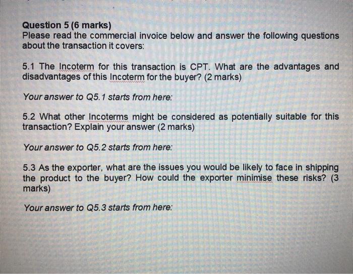 ORIGINAL COMMERCIAL INVOICEQuestion 5 ( 6 marks) | Chegg.com