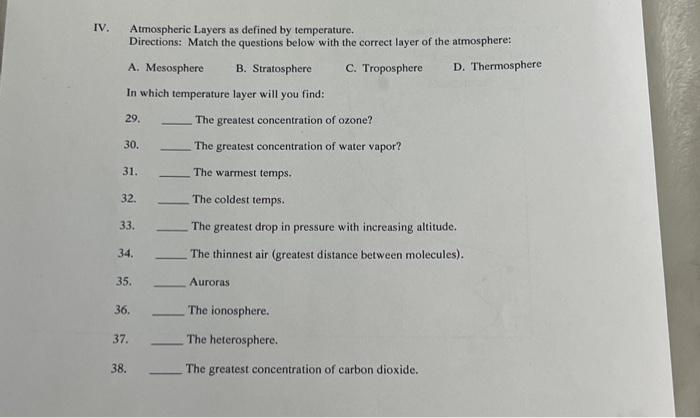 Solved IV. Atmospheric Layers as defined by temperature. | Chegg.com