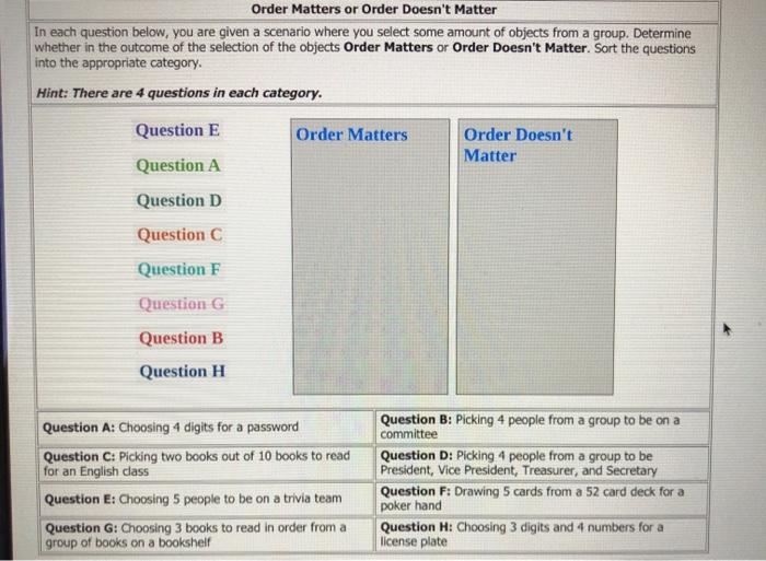Solved Order Matters or Order Doesn't Matter In each | Chegg.com