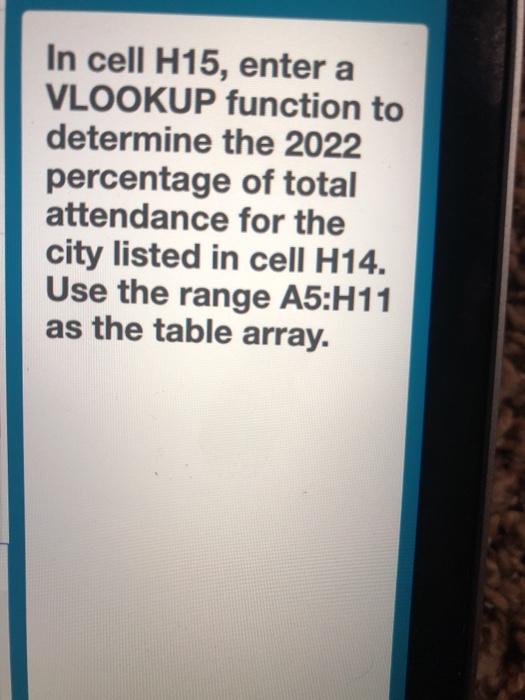 Solved In cell H15, enter a VLOOKUP function to determine | Chegg.com
