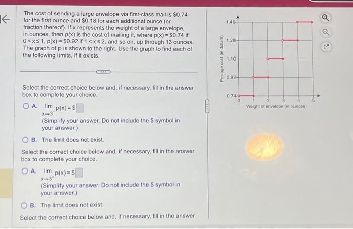 Solved The cost of sending a large envelope via first-class | Chegg.com