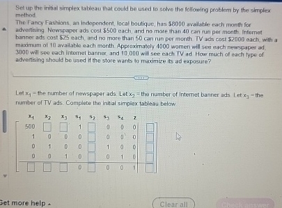 Solved Set up the initial simplex tabxeau that could be used | Chegg.com