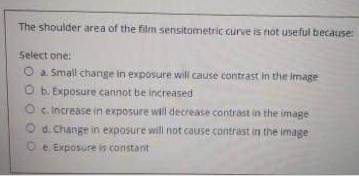 Solved The shoulder area of the film sensitometric curve is | Chegg.com
