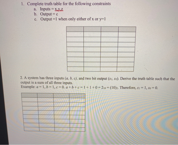 Solved 1. Complete truth table for the following constraints | Chegg.com