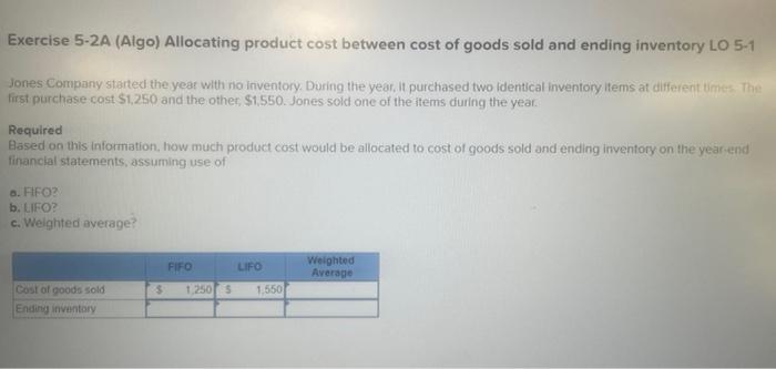 Solved Exercise 5-2A (Algo) Allocating product cost between | Chegg.com