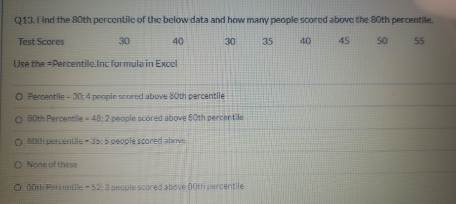 Solved Q13. Find the 80th percentile of the below data and | Chegg.com