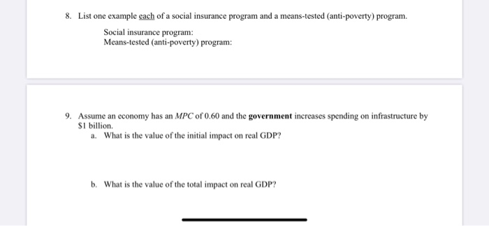 Solved 8. List one example each of a social insurance | Chegg.com