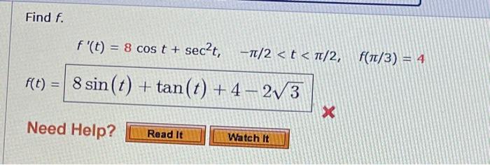 Solved Find f. f′(t)=8cost+sec2t,−π/2 | Chegg.com