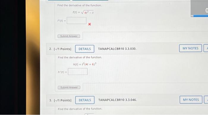 Solved Find the derivative of the function. f(t)=4t2−tx(t)= | Chegg.com