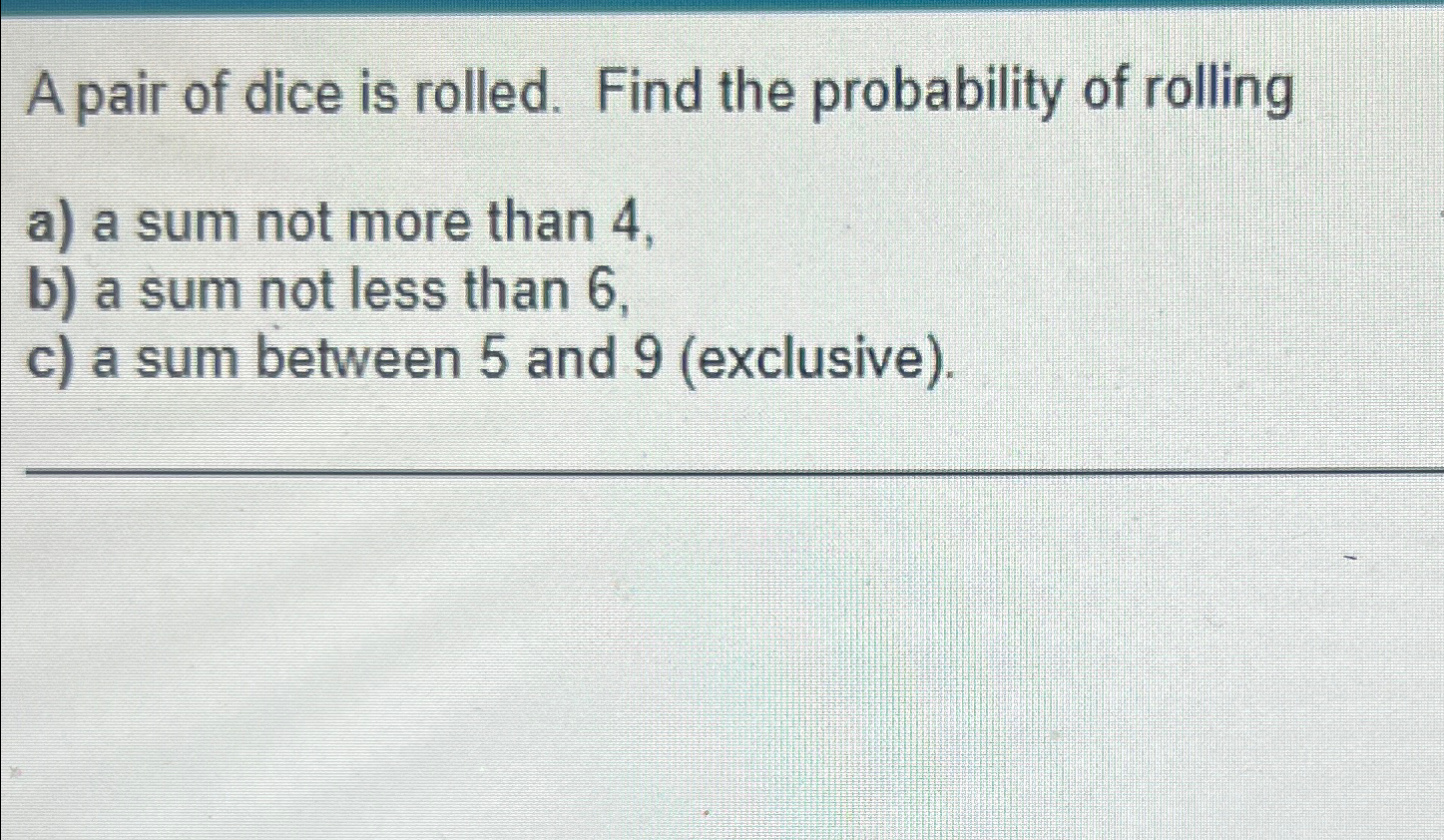 Solved A pair of dice is rolled. Find the probability of | Chegg.com