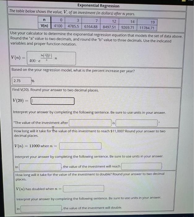 Solved Exponential Regression The table below shows the | Chegg.com