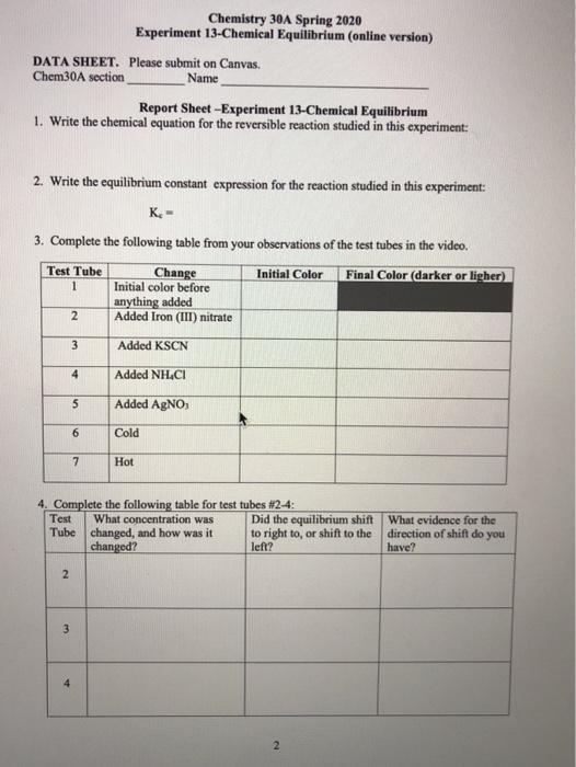 Chemistry 30A Spring 2020 Experiment 13-Chemical | Chegg.com